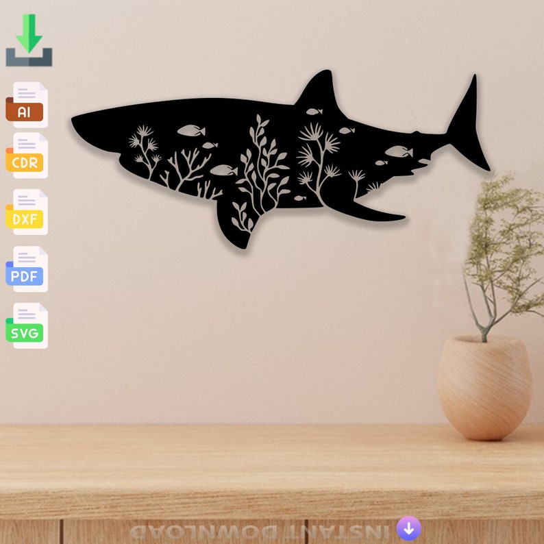 Shark Silhouette Wall Art Svg Laser Cut Svg Dxf File Sticker Engraving ...