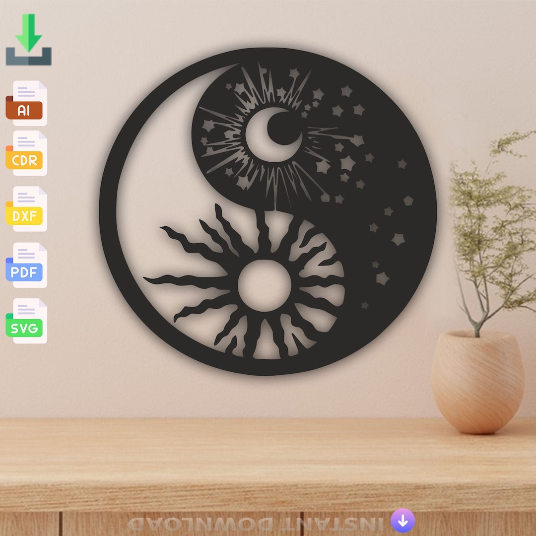 Yin yang símbolo sol luna budismo arte corte láser svg dxf archivos ...