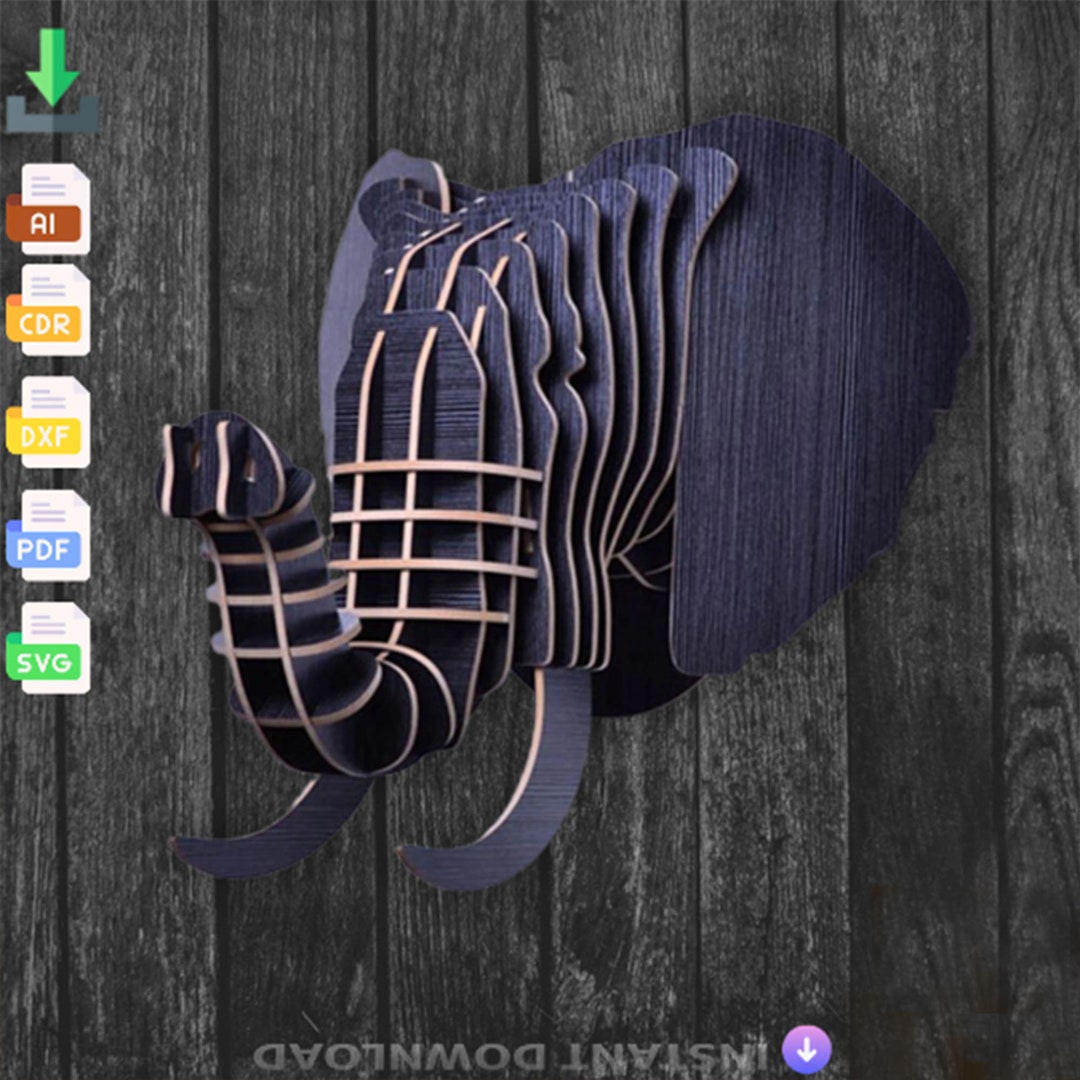 Wooden Elephant Head 3d Decorative 3mm Cdr Dxf Svg Ai Eps Pdf Laser Cut ...
