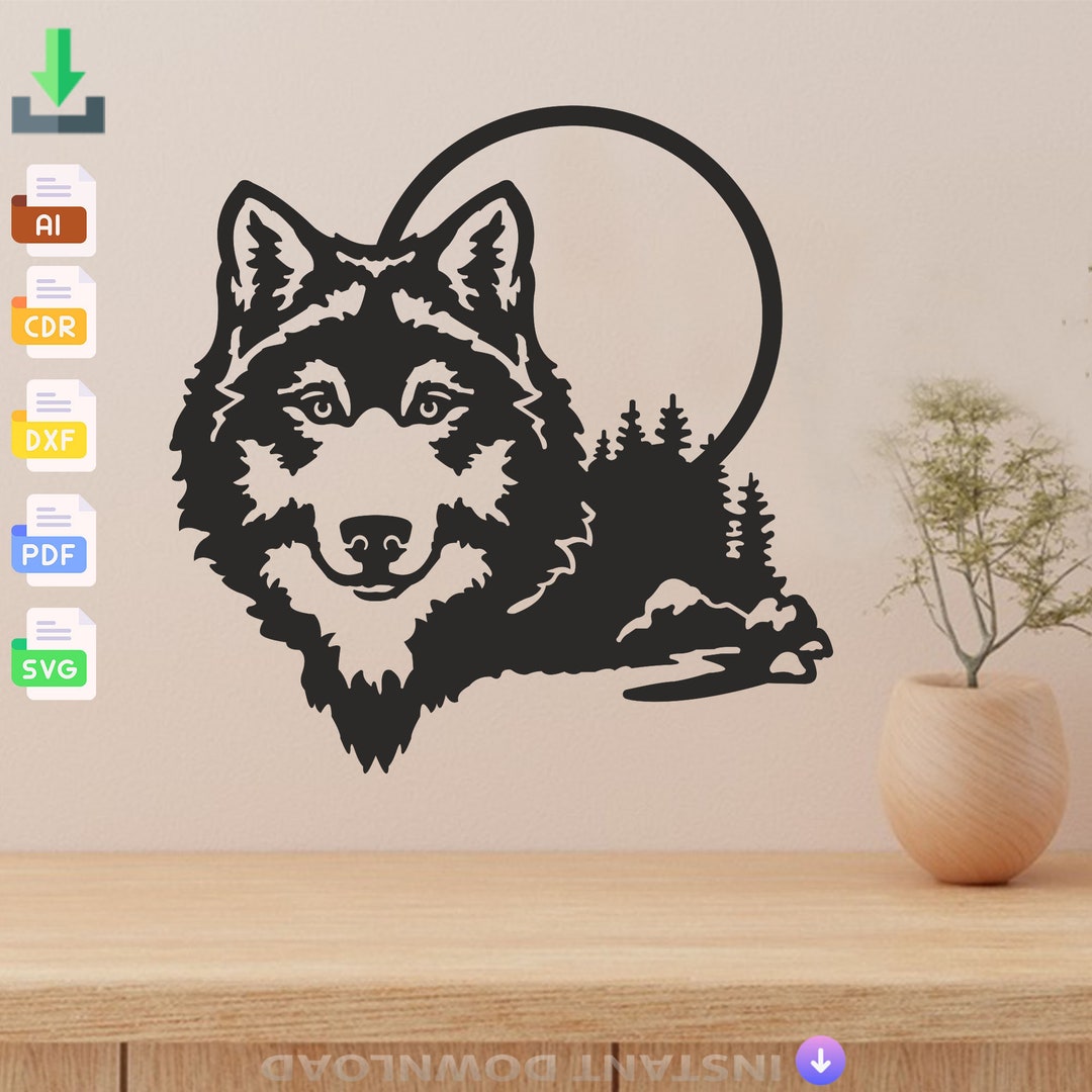 Wolf Mountain Scene Svg File Laser Cut Svg Dxf Files Wall Sticker ...