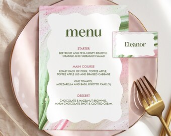 Green & Pink Menu and Place Card Template Set, Hand Drawn, Wedding ...