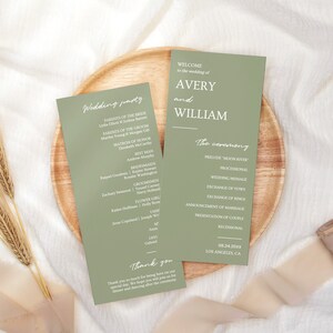 Modern Sage Green Wedding Program Template, DIY Program Card Printable ...