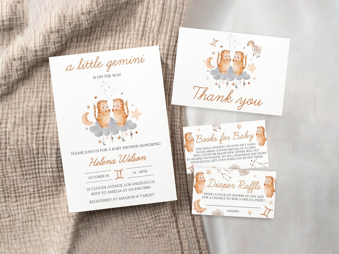 Gemini Baby Shower Invitation, Zodiac Cat Clouds Baby Shower Set, A ...