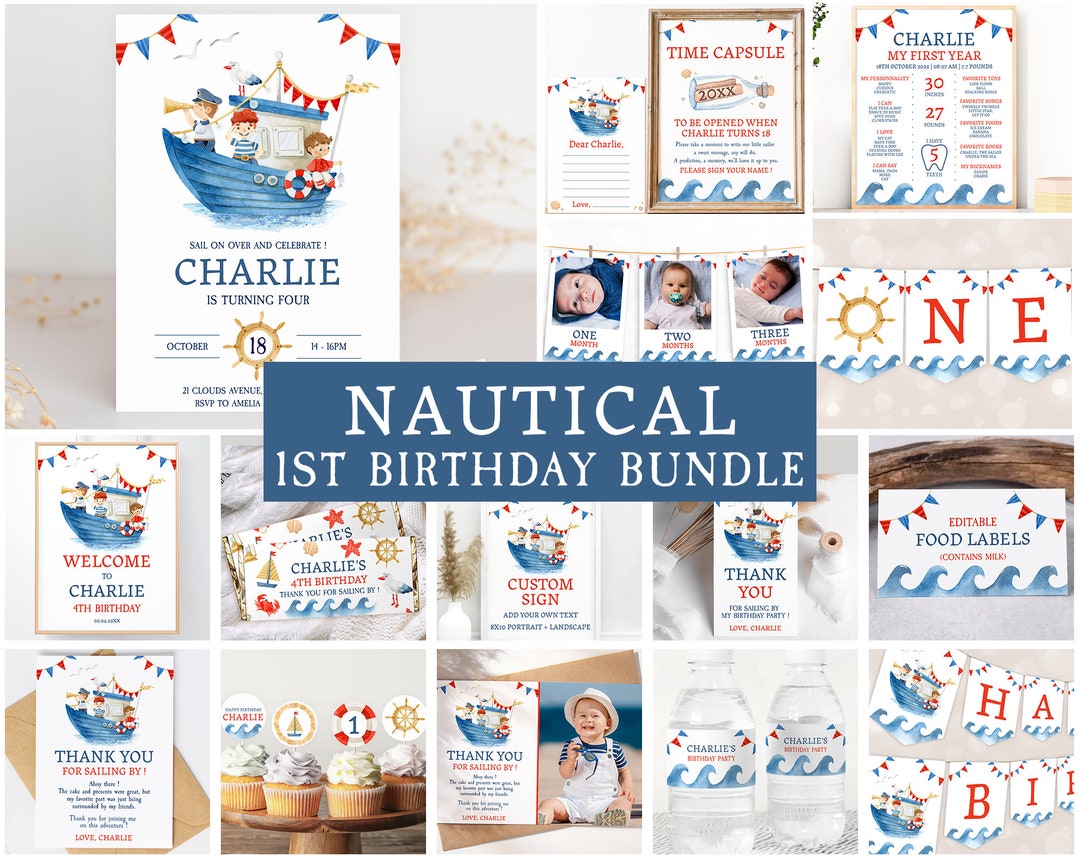 Nautical 1st Birthday Invitation Bundle, Sailor Boy First Birthday ...