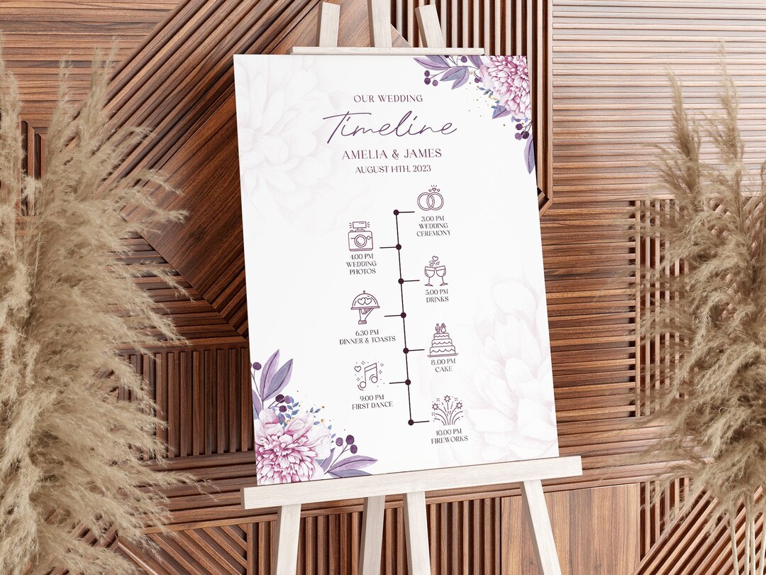 Lavender Wedding Timeline Sign Template, Purple Pink Flowers, Printable ...