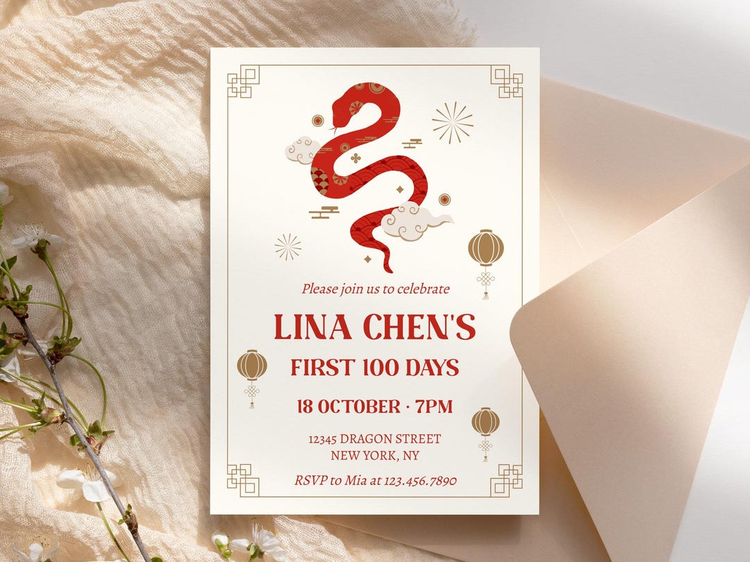 Year of Snake Invitation Template, 100 Days Snake, Chinese Baby Shower ...