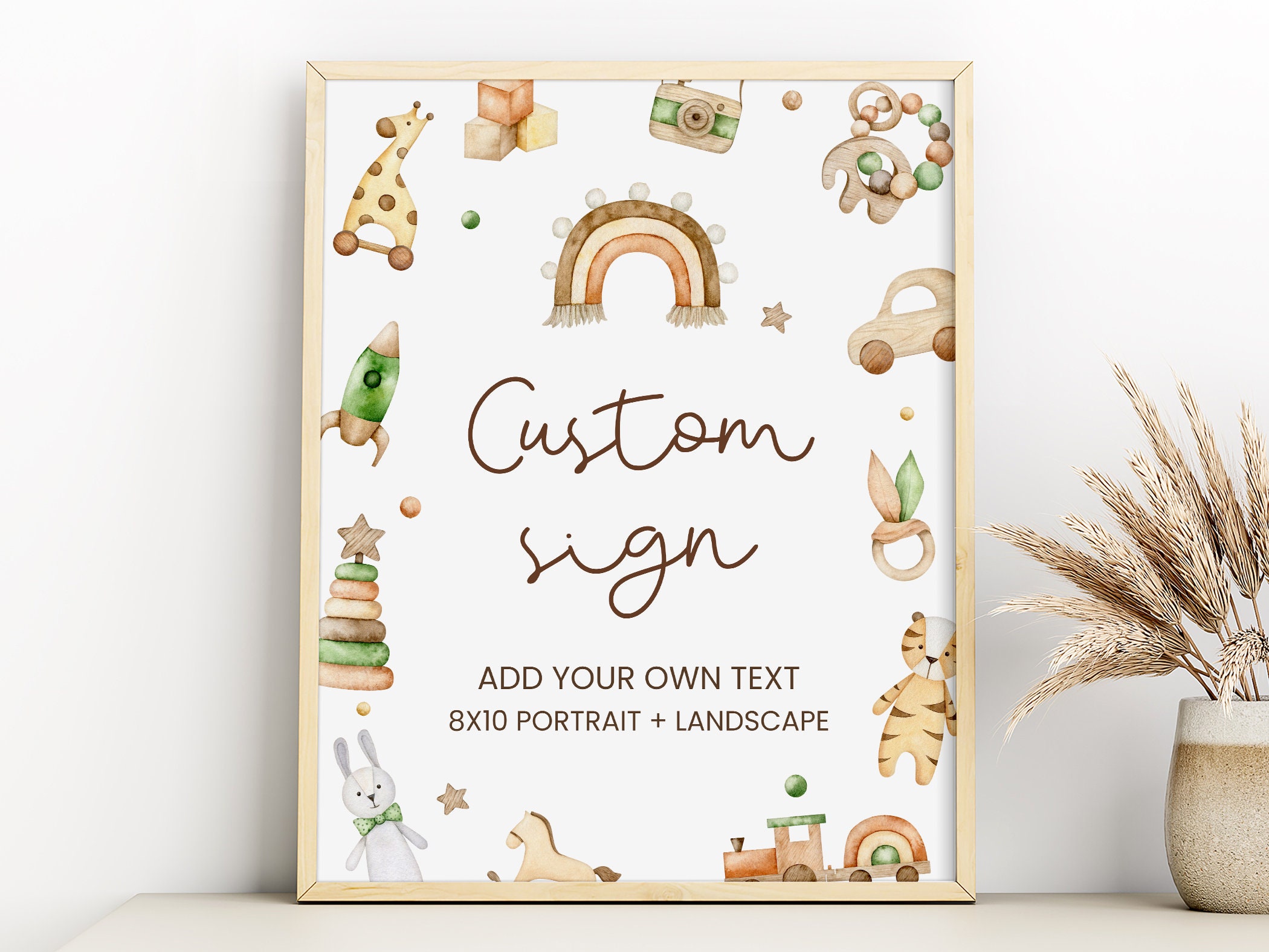 Editable Gender Neutral Baby Shower Custom Sign, Green Wood Toys Sign ...