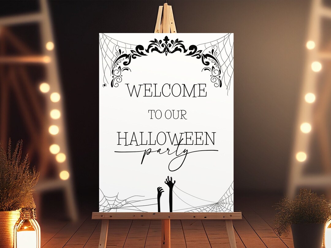 Editable Halloween Party Welcome Sign, Minimalist, Spooky Spiderweb ...