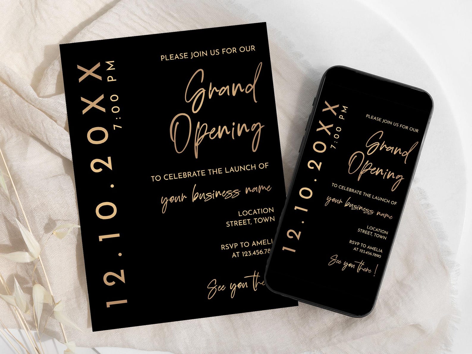 Gold Grand Opening Invitation Template, Minimalist Black Modern ...