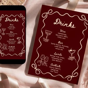 Hand Drawn Cherry Red Bar Menu Template, Coquette Bow Ribbon Wedding ...
