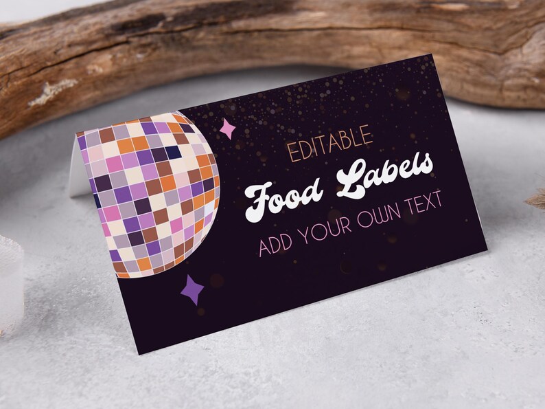 Disco Balls Food Labels Template, Retro Dinner, Disco Party Name Card ...