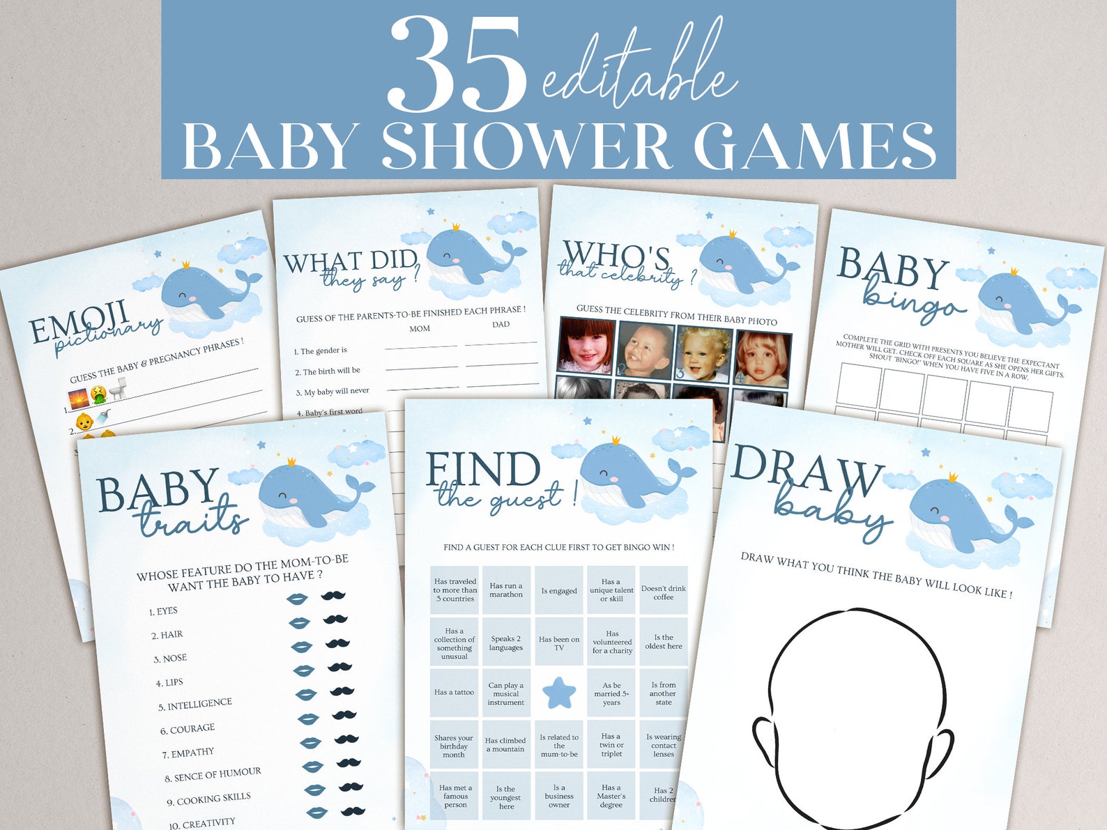 Whale Clouds Baby Shower Games Bundle, Whale Baby Shower Game Pack ...