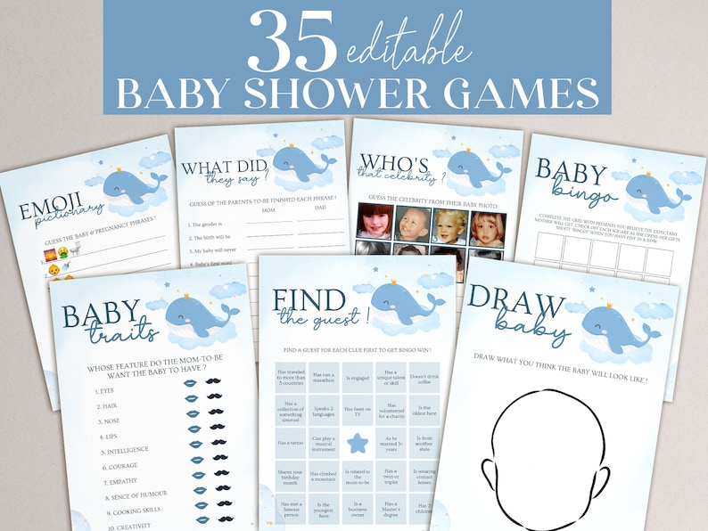 Whale Clouds Baby Shower Games Bundle, Whale Baby Shower Game Pack ...