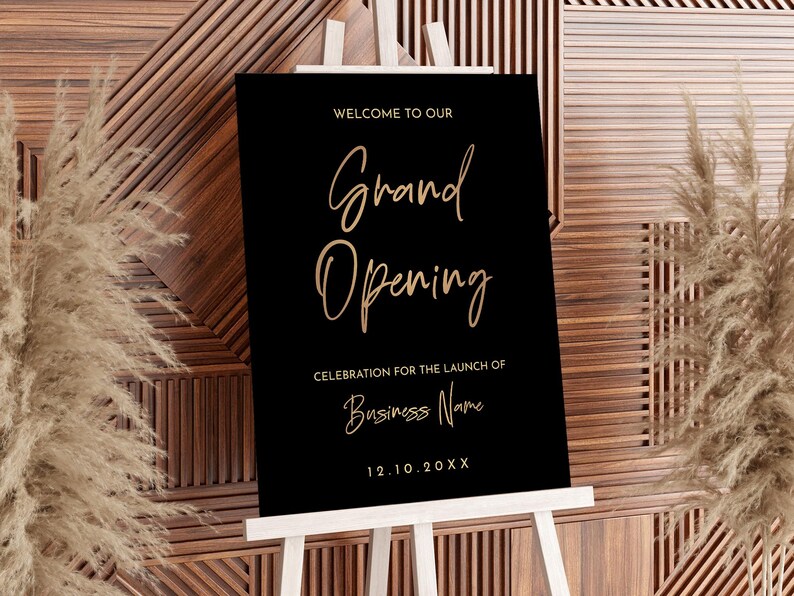 Grand Opening Welcome Sign Template, Black Gold Minimalist Business ...