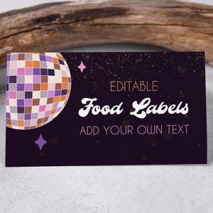 Disco Balls Food Labels Template, Retro Dinner, Disco Party Name Card ...