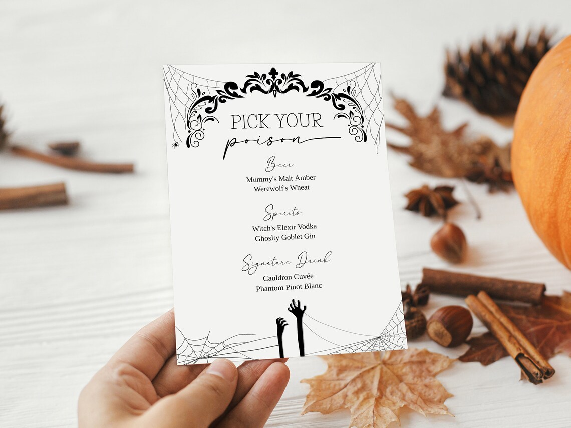 Pick Your Poison Menu Template Halloween Bar Menu Spiderweb - Etsy