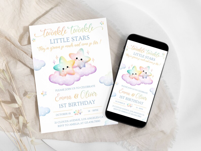 Twinkle Twinkle Little Star Invitation Template, Twin 1st Birthday ...