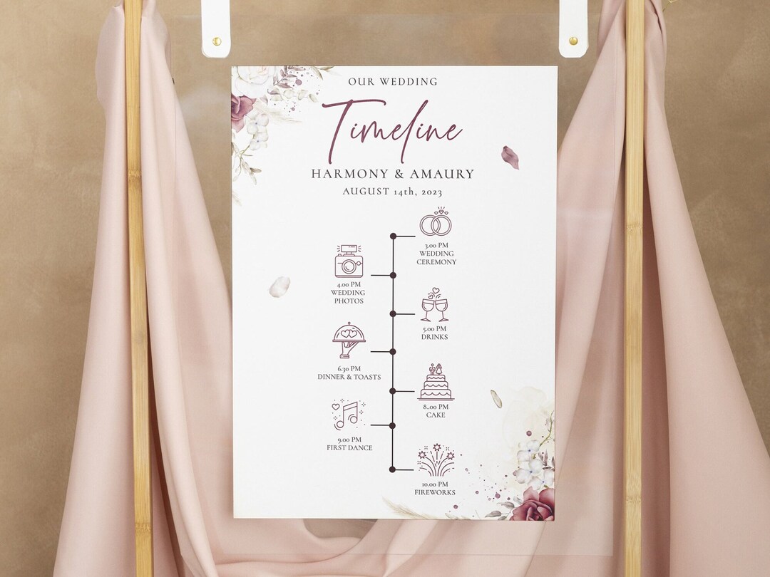 Wedding Timeline Sign Template, Pink Burgundy Flowers, Printable ...