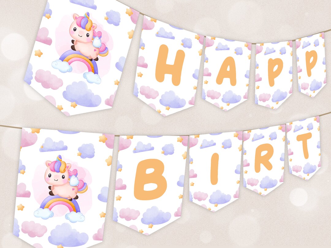 Unicorn Happy Birthday Banner Printable, Rainbow Girl 1st Birthday ...