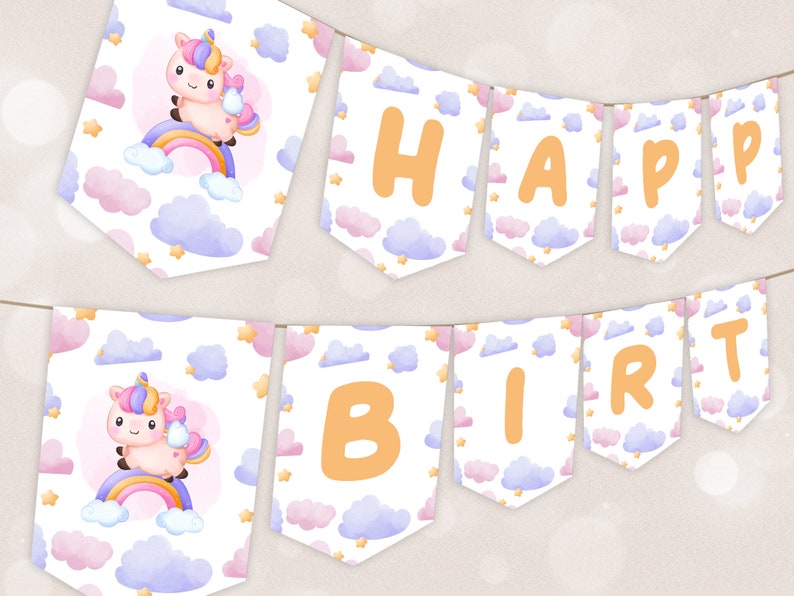 Unicorn Happy Birthday Banner Printable, Rainbow Girl 1st Birthday ...