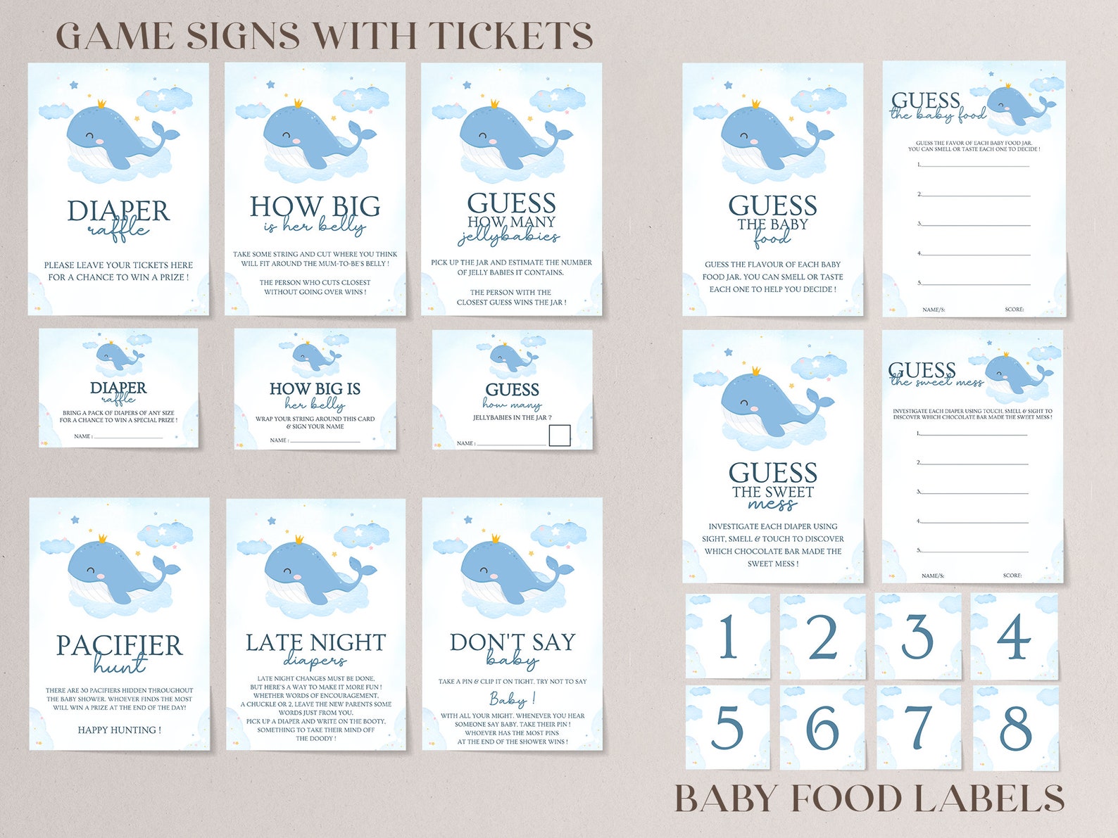 Whale Clouds Baby Shower Games Bundle, Whale Baby Shower Game Pack ...