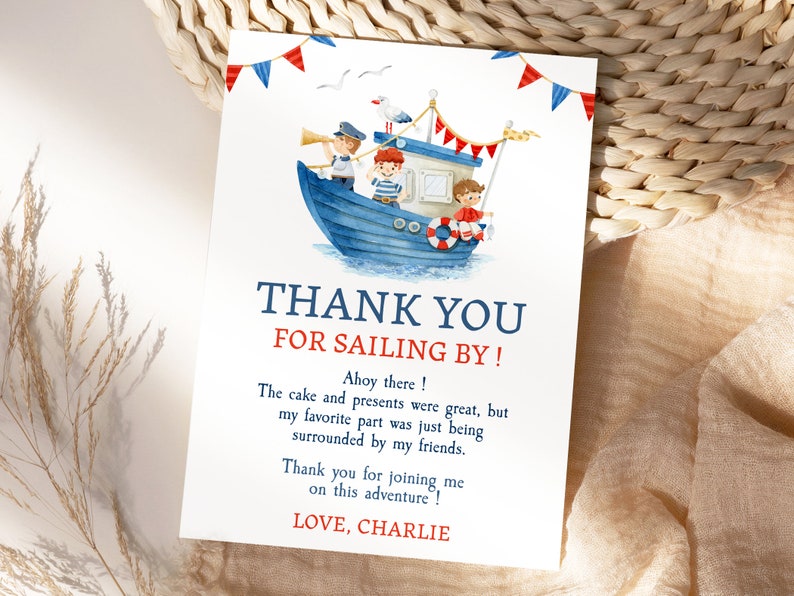 Nautical Birthday Thank You Card Editable, Sailor Boy Thank You Note ...