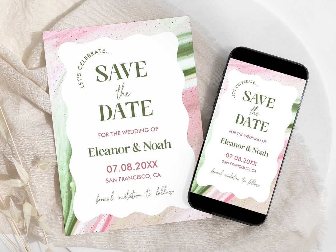 Sage Green Wavy Save the Date Template, Dusty Pink Save the Date ...