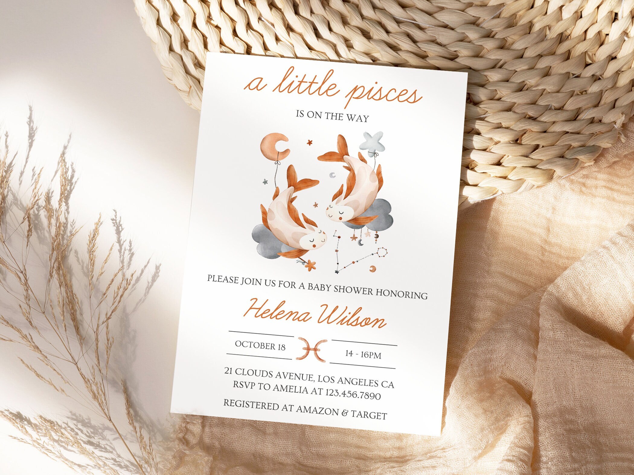 Pisces Baby Shower Invitation, Zodiac Fish Clouds Baby Shower Set, A ...