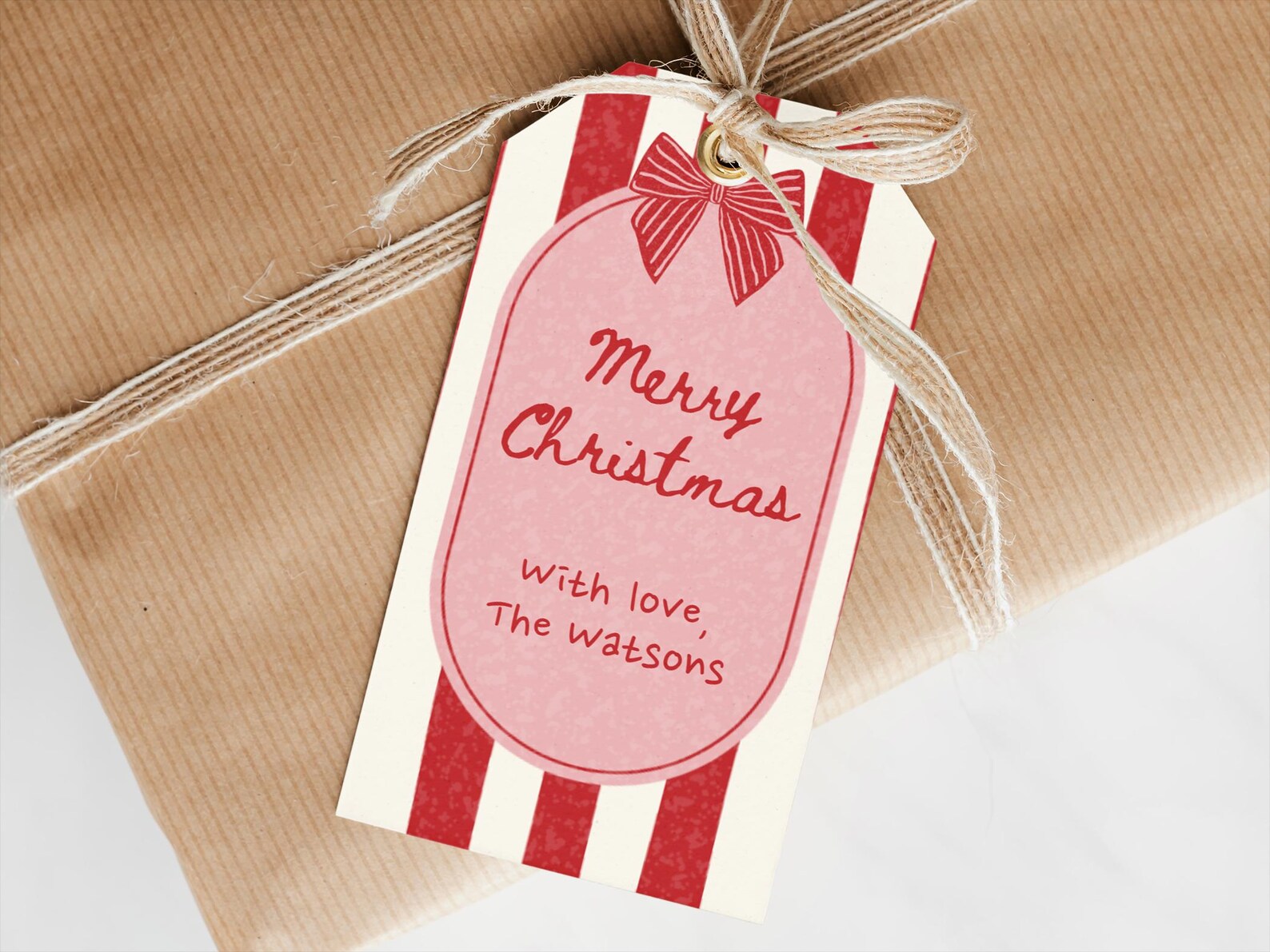 Red Striped Christmas Gift Tag With Bow, Vintage Candy Cane Tag, Merry ...