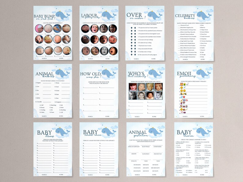 Whale Clouds Baby Shower Games Bundle, Whale Baby Shower Game Pack ...