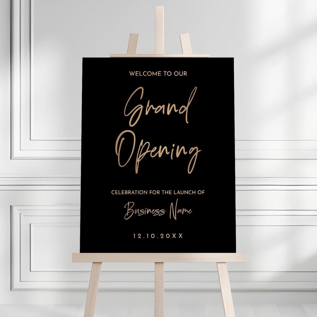 Grand Opening Welcome Sign Template, Black Gold Minimalist Business ...