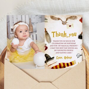 Editable Wizard Birthday Photo Thank You Card Template, Printable First ...