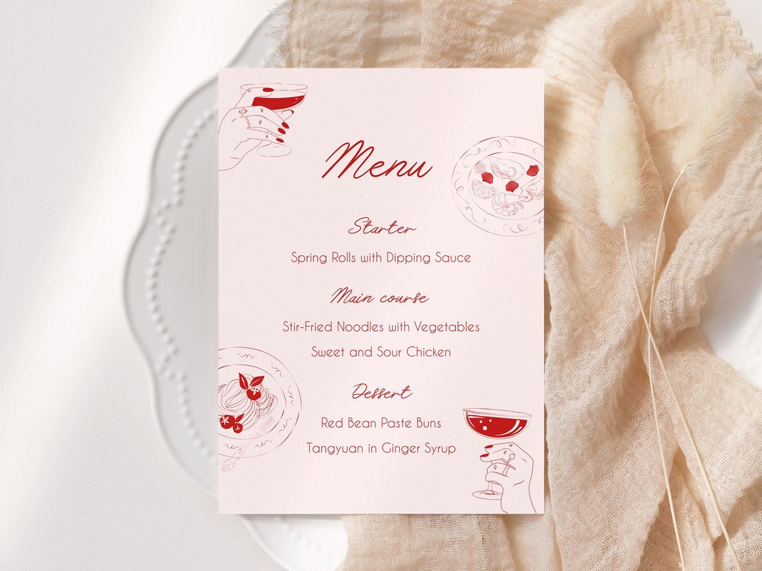 Hand Drawn Menu Template, Printable Valentine's Day Menu, Wedding Menu ...