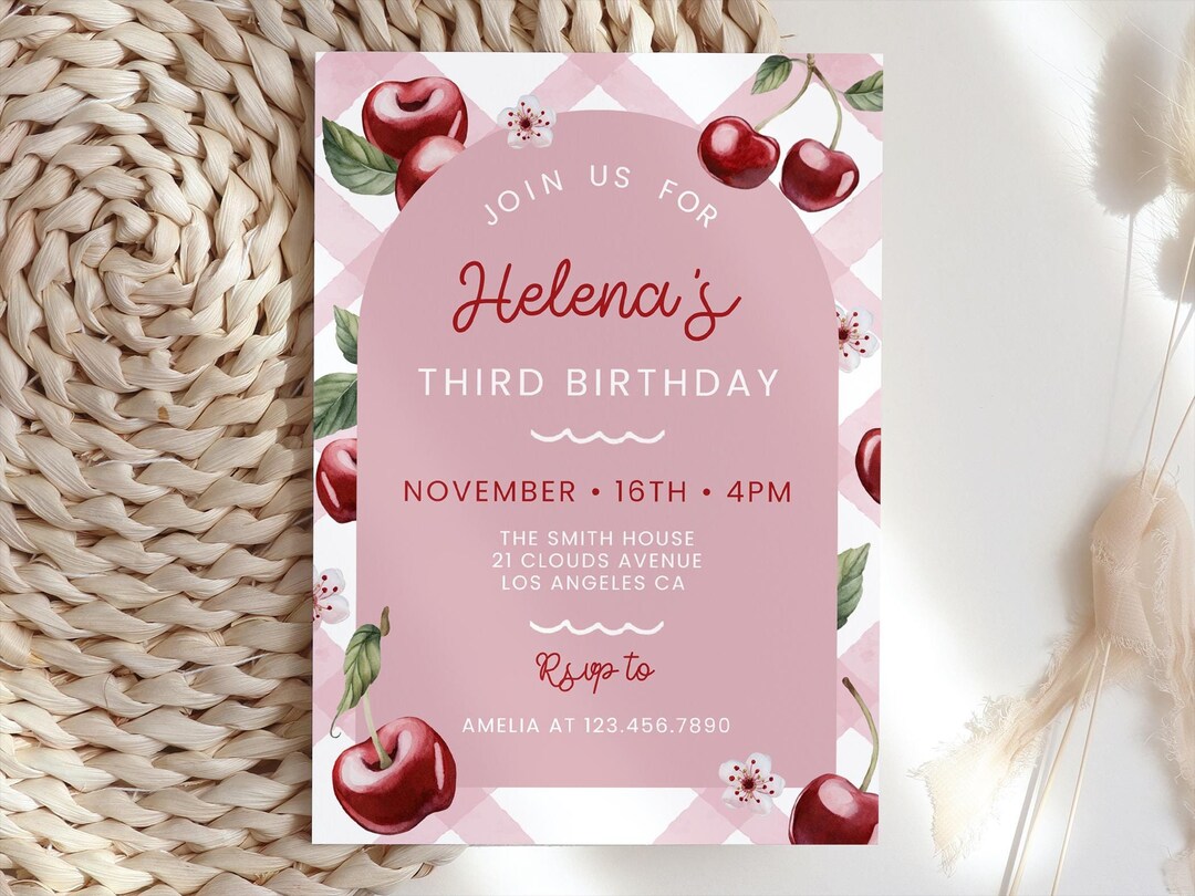 Cherry Birthday Invitation, Cherry Birthday Invite, Editable, Girl ...