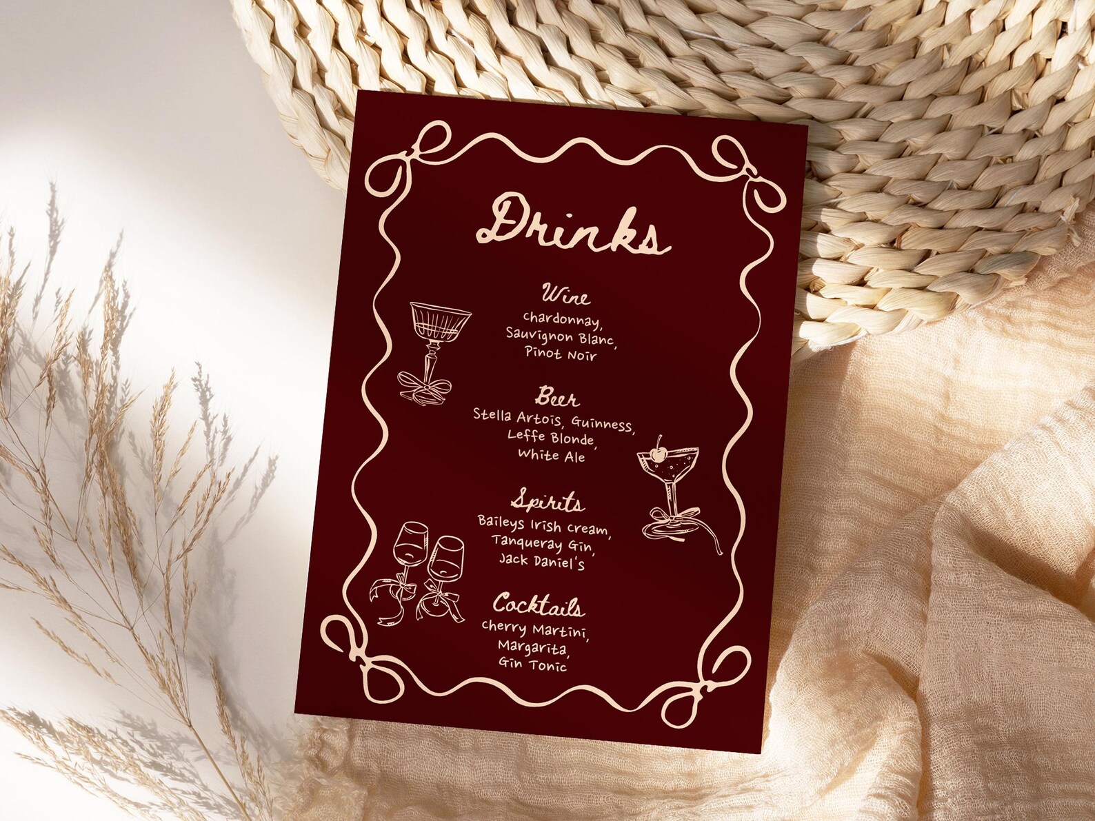 Hand Drawn Cherry Red Bar Menu Template, Coquette Bow Ribbon Wedding ...