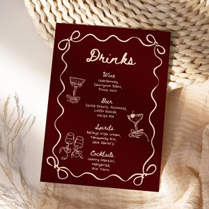 Hand Drawn Cherry Red Bar Menu Template, Coquette Bow Ribbon Wedding ...