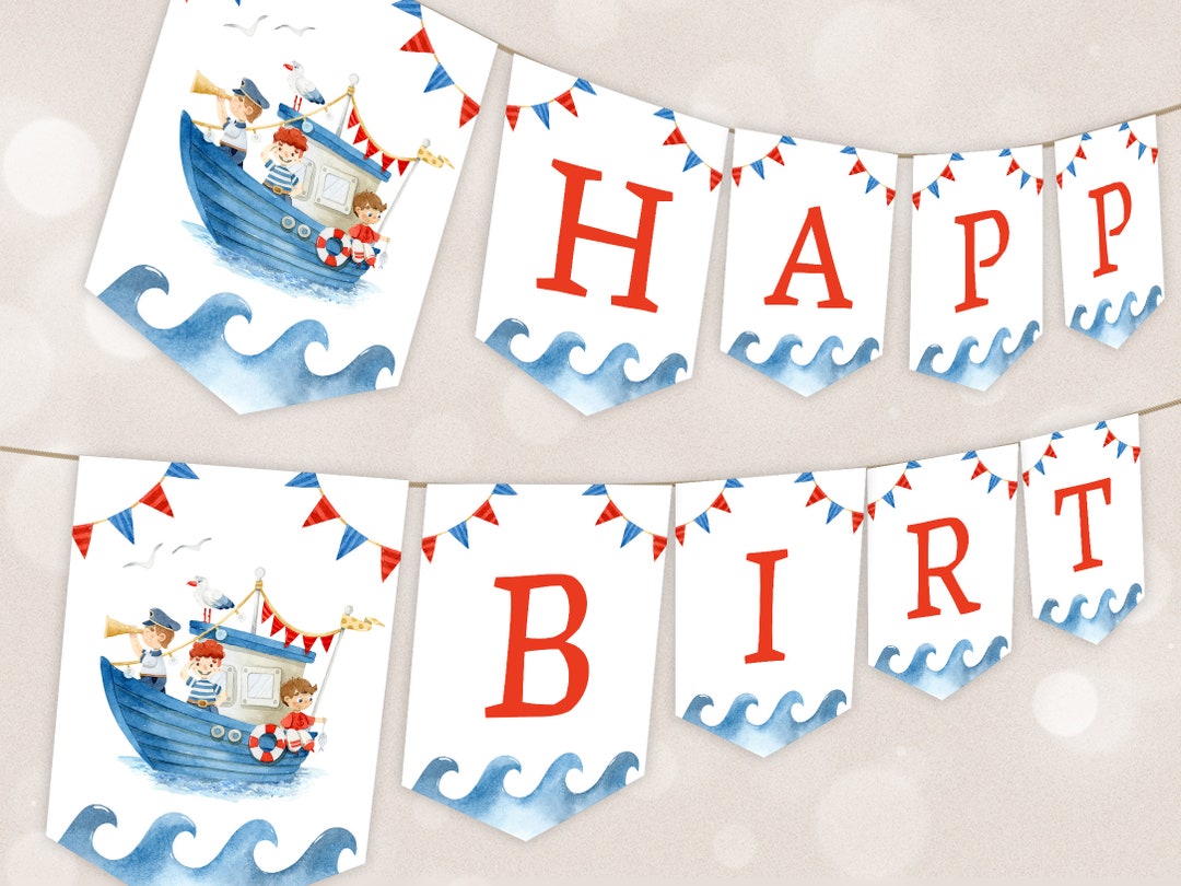 Nautical Happy Birthday Banner Printable, Sailor Boy 1st Birthday ...