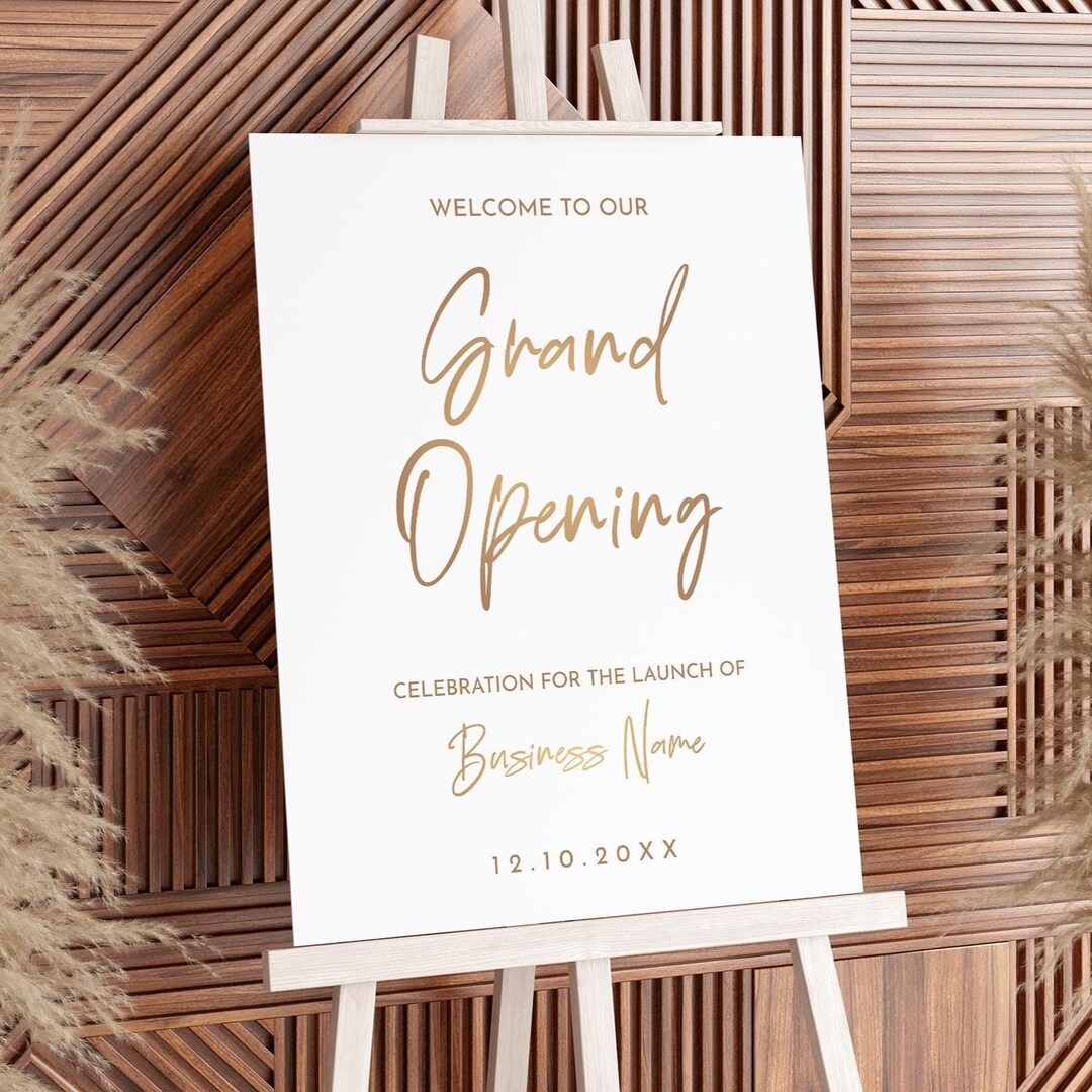 Grand Opening Welcome Sign Template, White Gold Minimalist Business ...