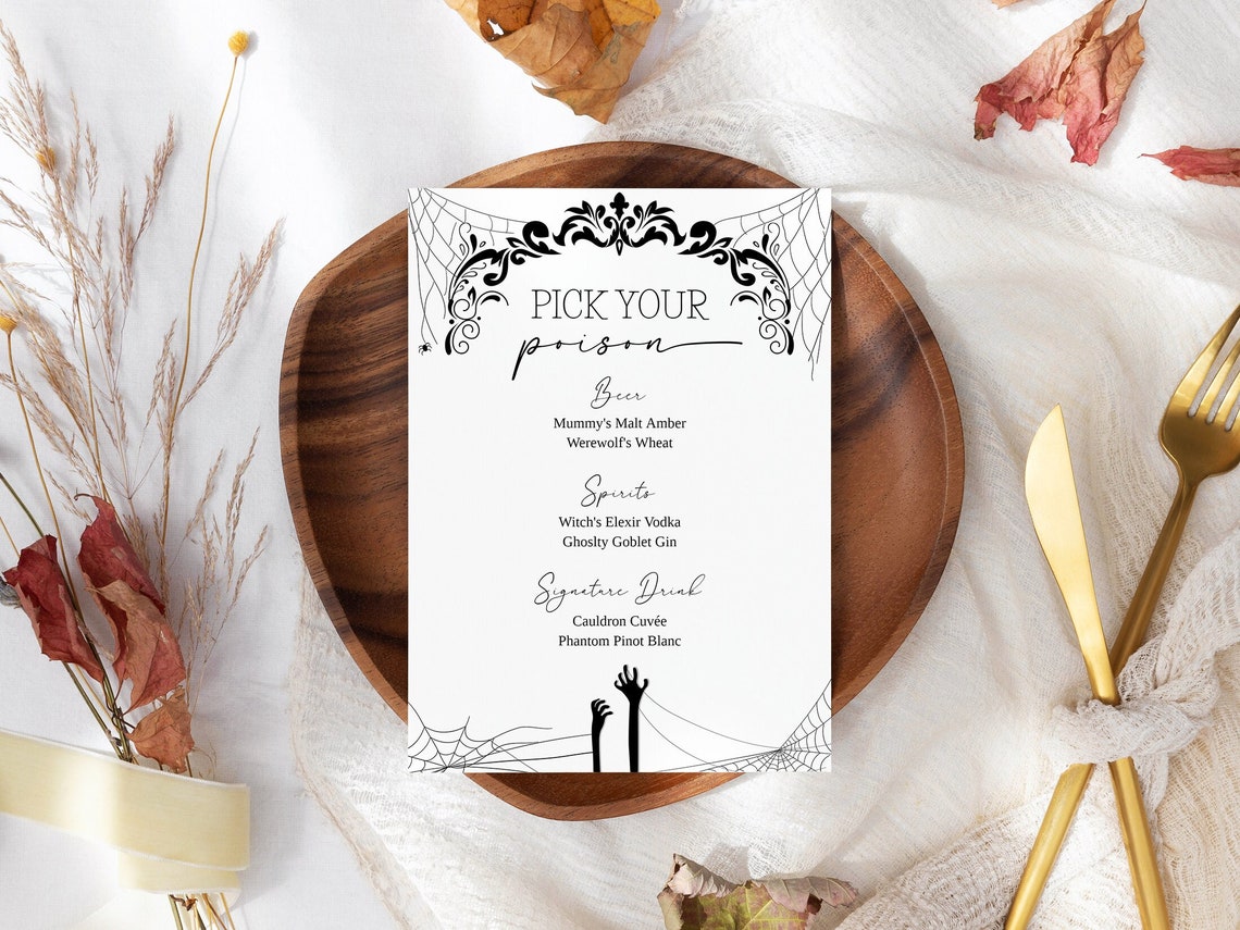 Pick Your Poison Menu Template Halloween Bar Menu Spiderweb - Etsy