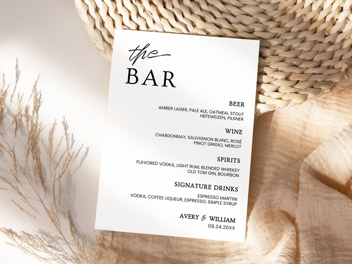 Minimalist Wedding Bar Menu Template, Modern Minimalist Wedding Bar ...