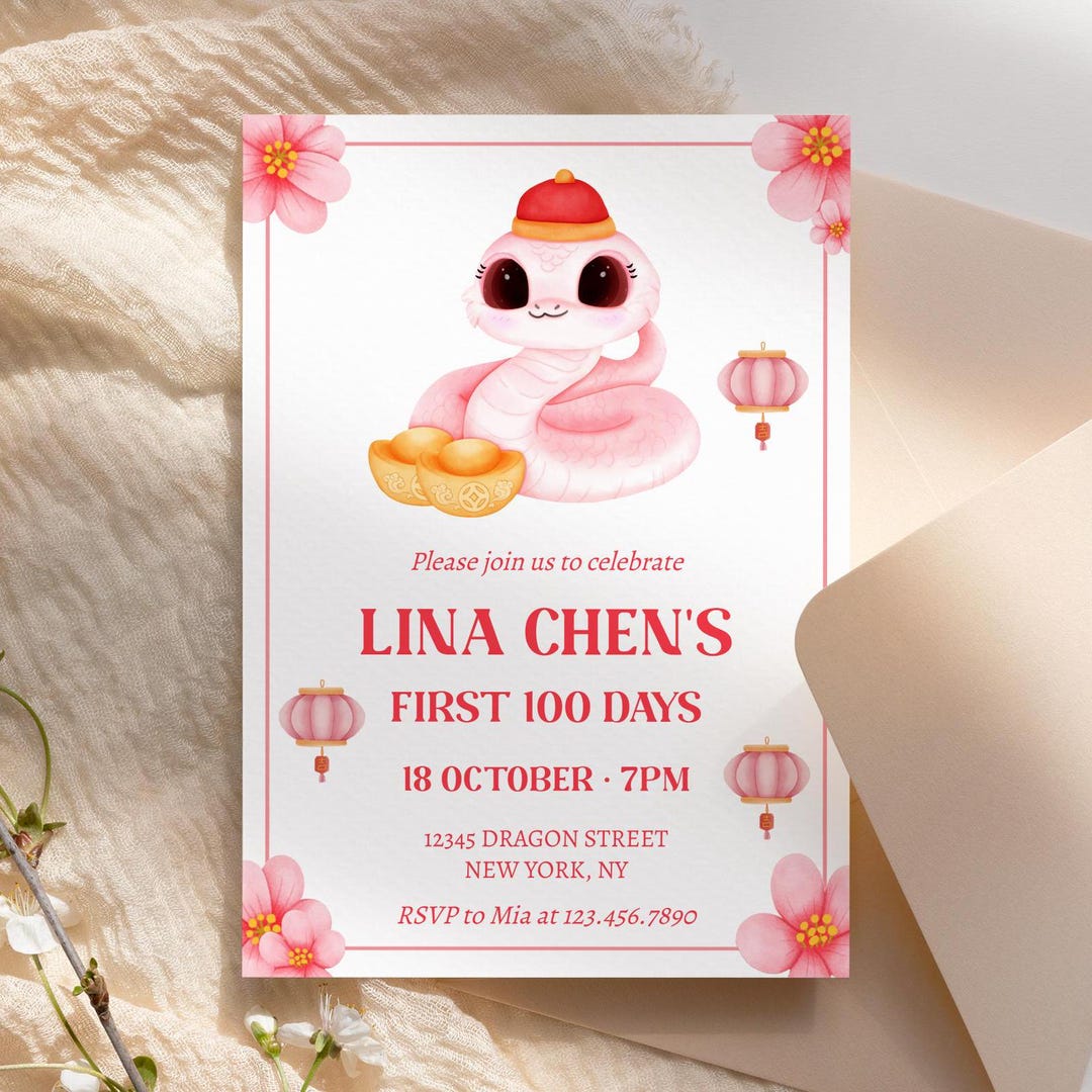 Year of Snake Invitation Template, 100 Days Snake, Chinese Baby Shower ...