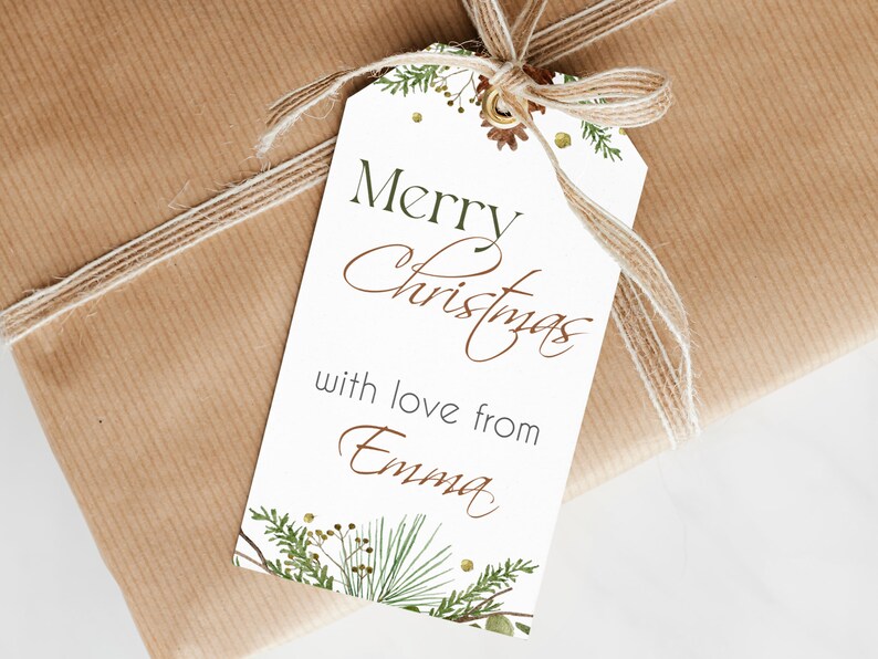 Editable Christmas Greenery Gift Tag, Pine Cone Favor Tag, Merry ...