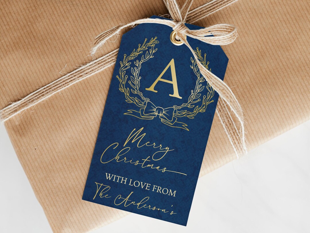 Editable Monogram Blue Gold Merry Christmas Tag, Wedding Elegant Favor ...