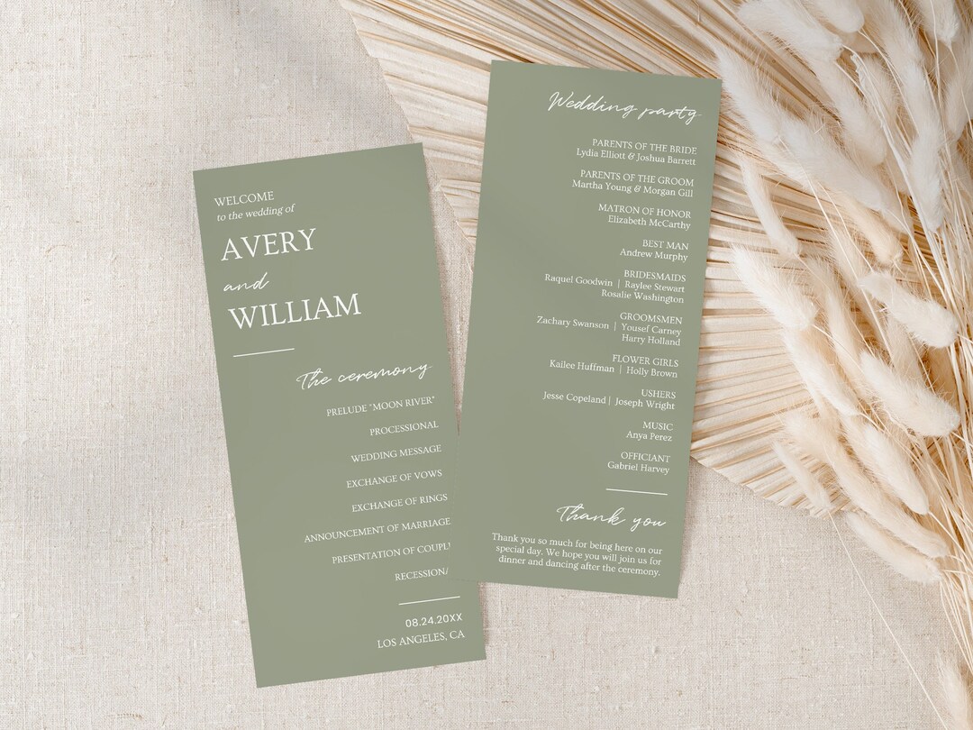 Modern Sage Green Wedding Program Template, DIY Program Card Printable ...