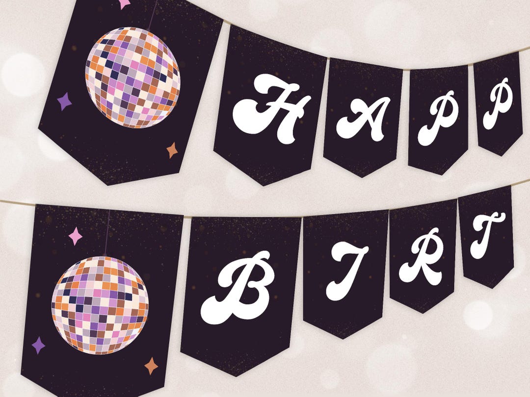 Editable Disco Ball Happy Birthday Banner Printable, Retro Party, Disco ...