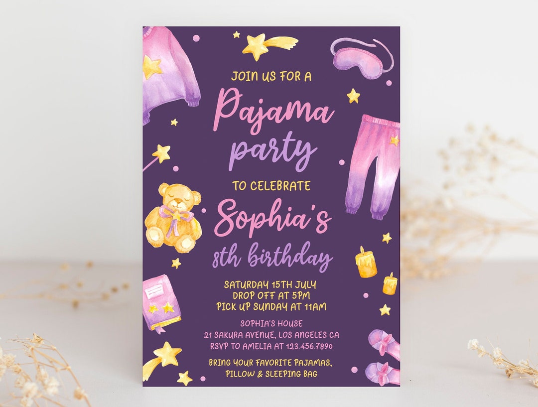 Pajama Party Birthday Invitation Editable Sleepover Template Movie