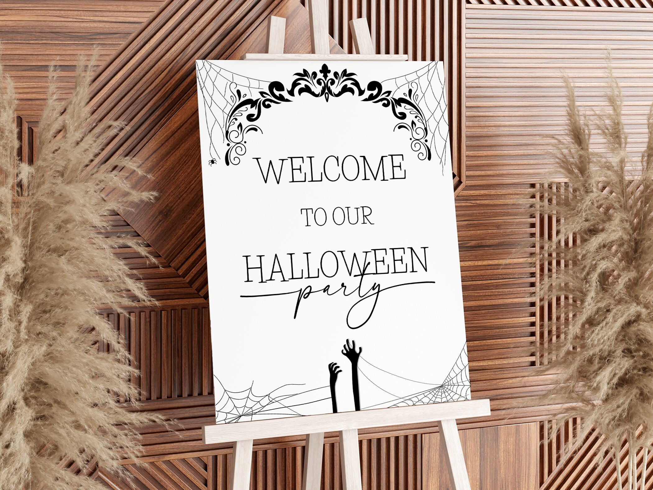 Editable Halloween Party Welcome Sign, Minimalist, Spooky Spiderweb ...