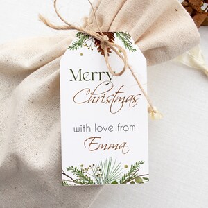 Editable Christmas Greenery Gift Tag, Pine Cone Favor Tag, Merry ...