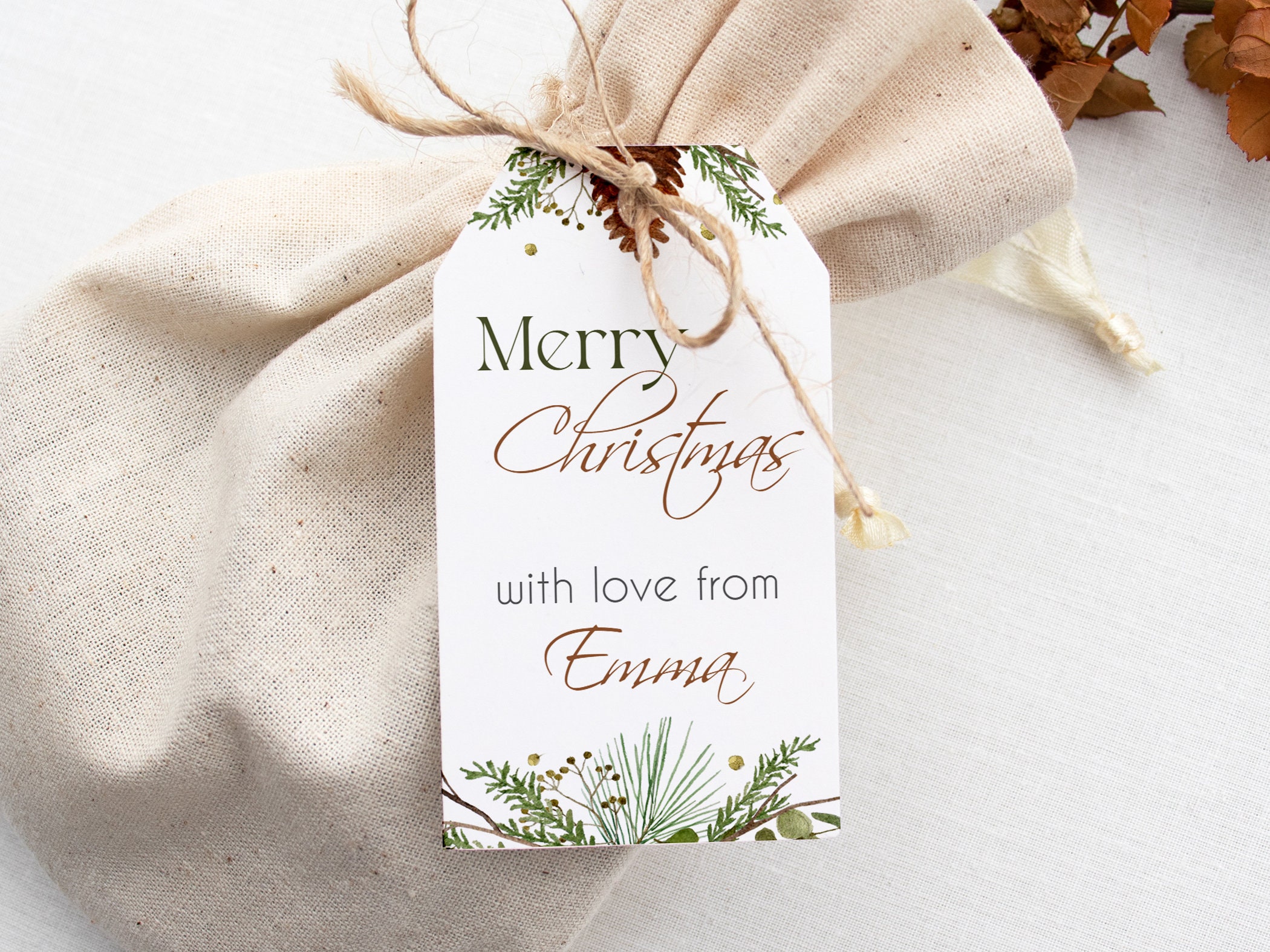 Editable Christmas Greenery Gift Tag, Pine Cone Favor Tag, Merry ...