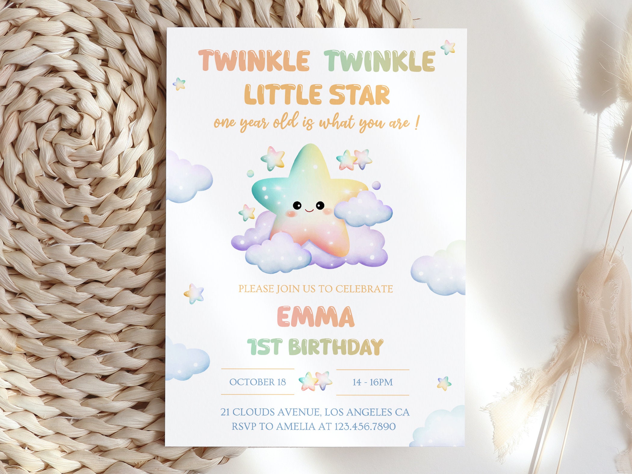 Twinkle Twinkle Little Star Invitation Template, 1st Birthday, Gender ...